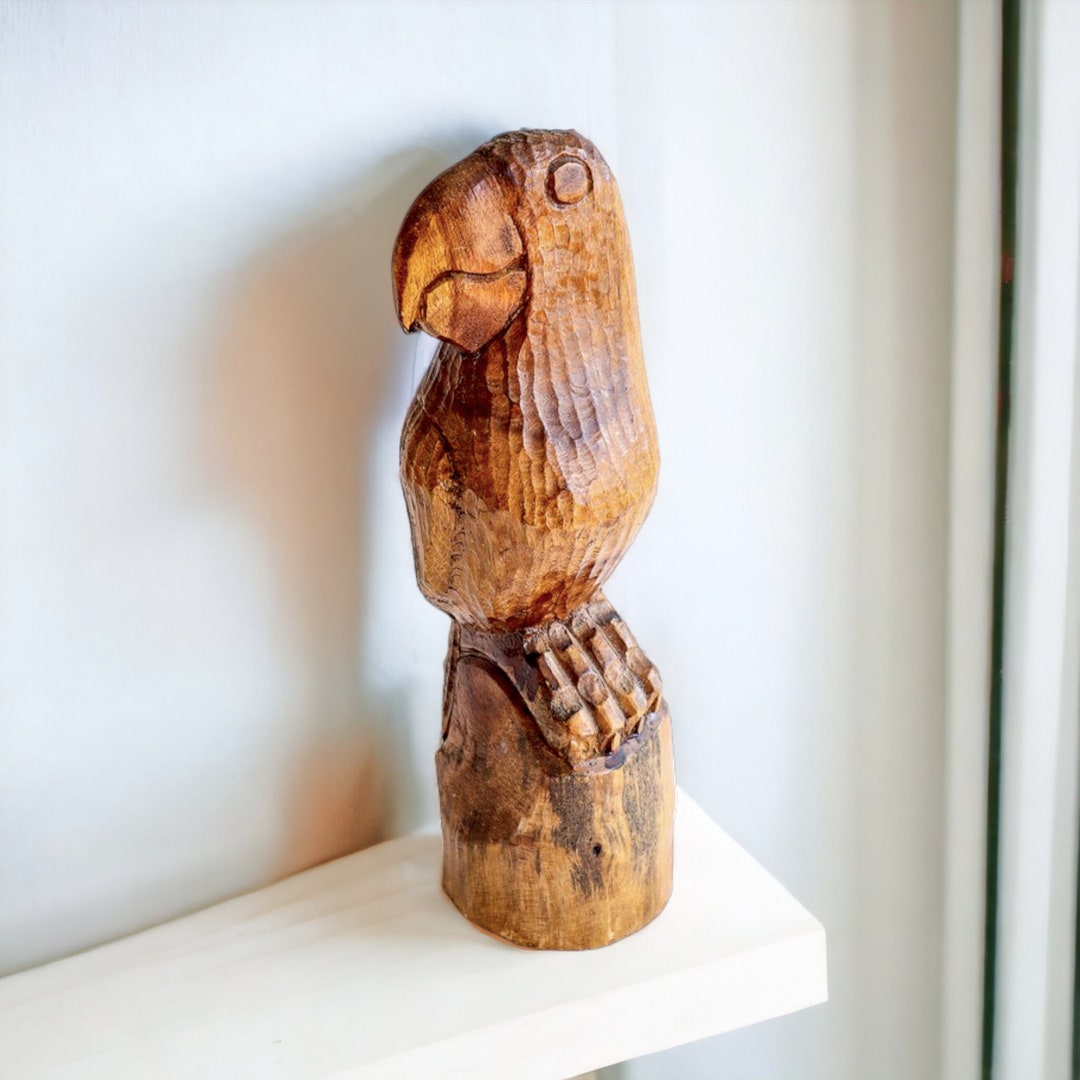 Hand Carved Wood Parrot Sculpture Vintage Wooden Bird Carving Handmade ...