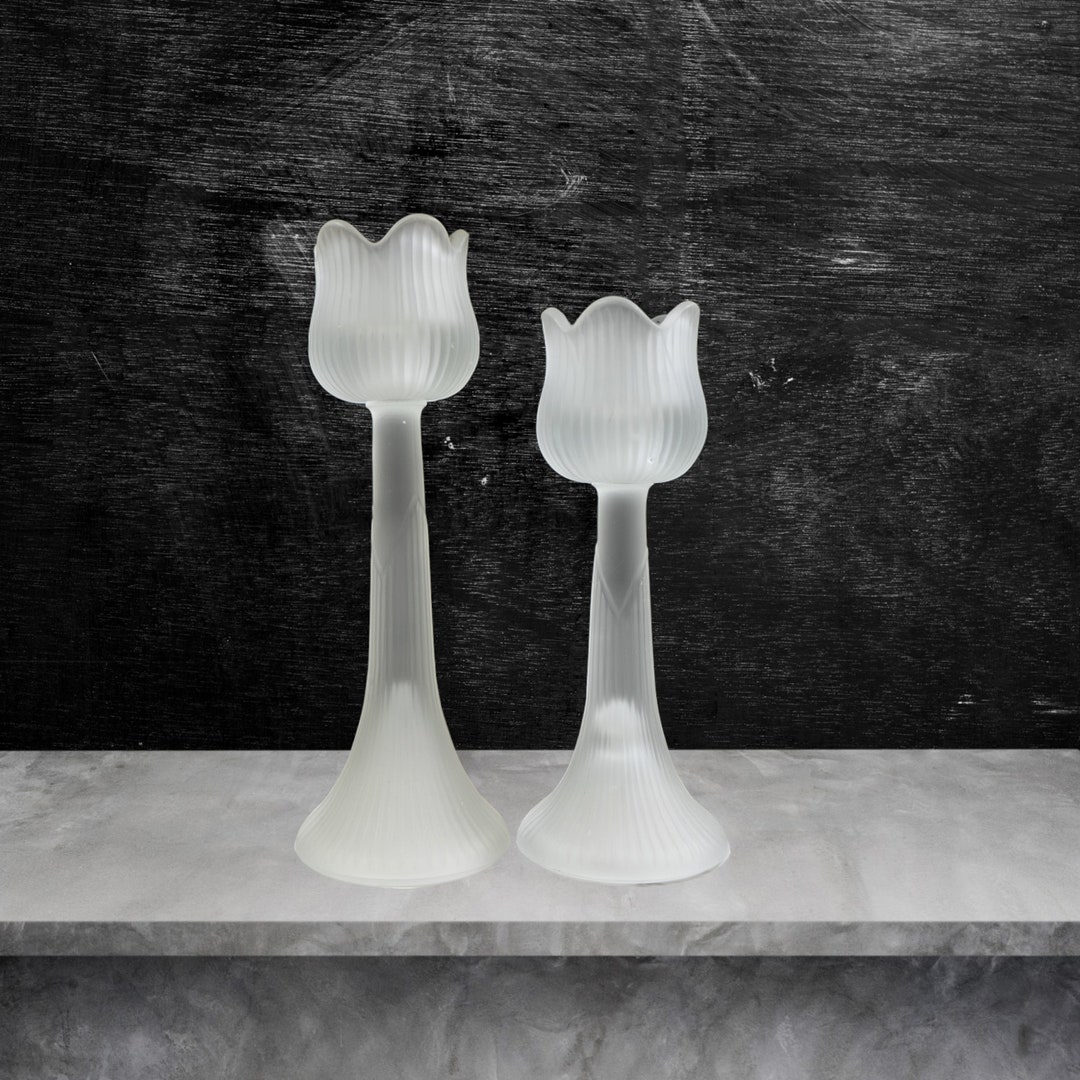 Frosted Glass Tulip Candle Holders | Vintage Flower Candlesticks - Etsy