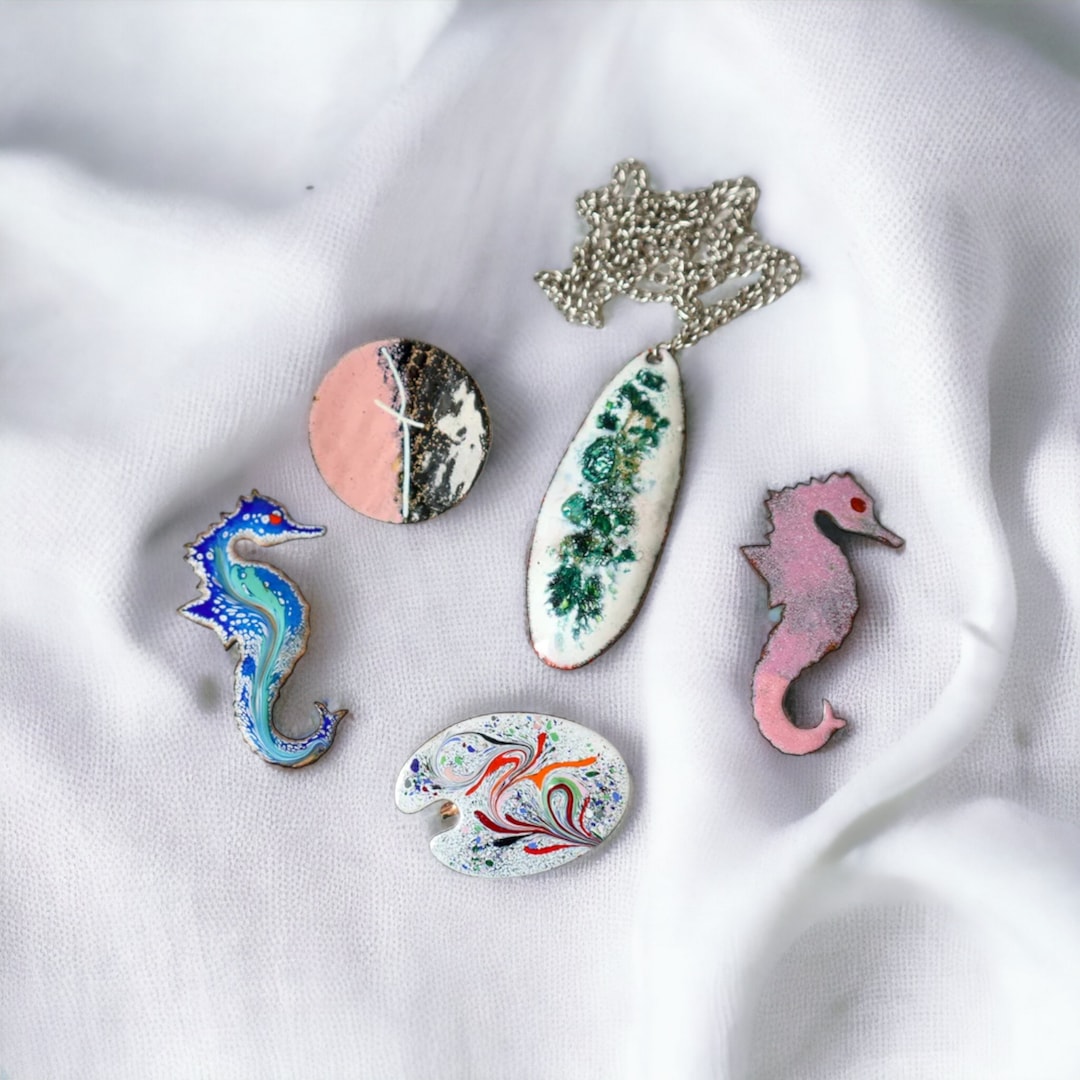 Handmade Enamel on Copper Modernist Jewelry Vintage Pins and Pendant ...