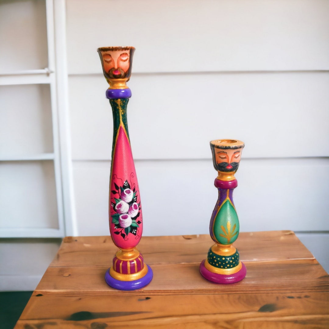 Hand Painted Wood Candlesticks Vintage Folk Art Wooden Taper Candle ...