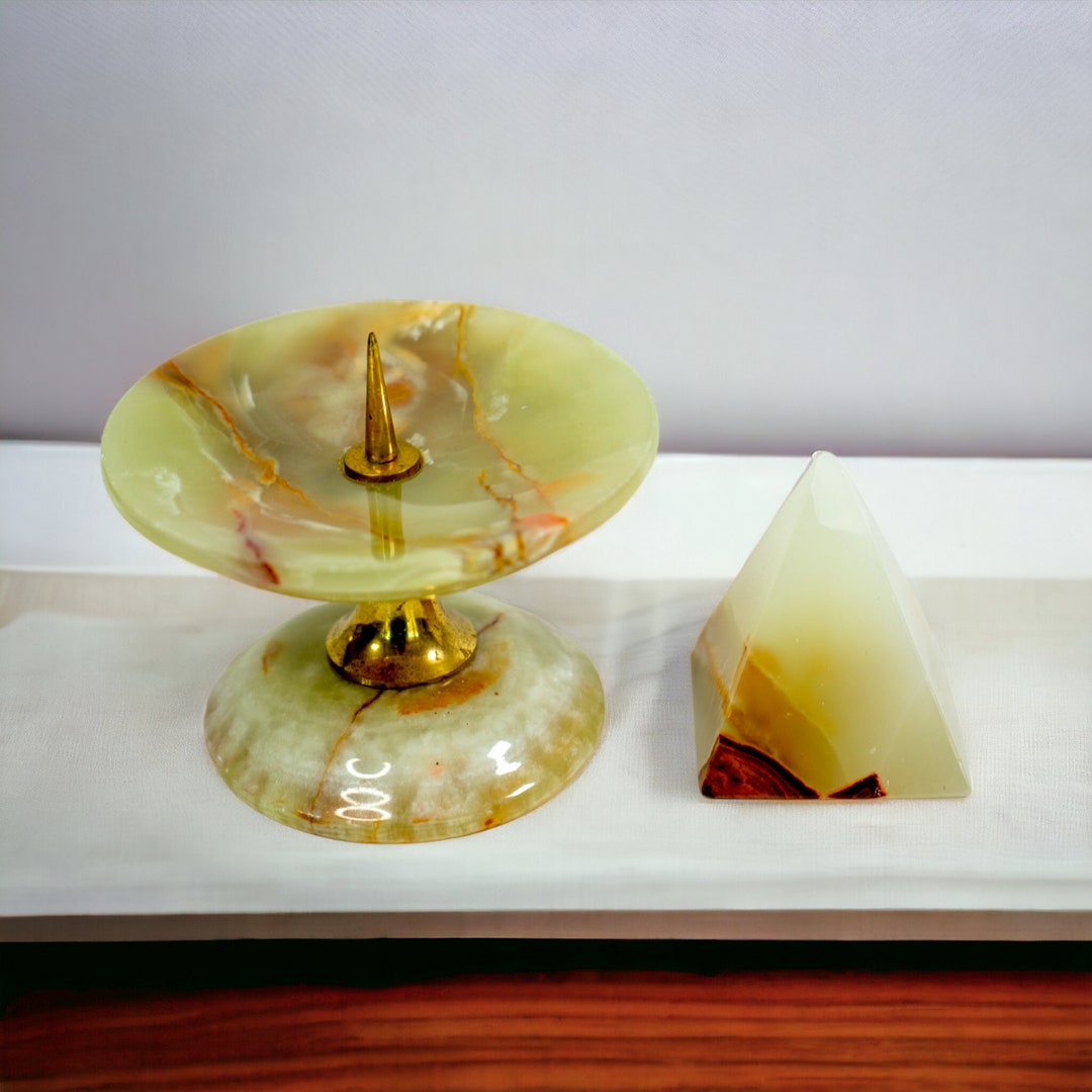 Vintage Onyx Spike Pillar Candle Holder and Bonus Pyramid Figurine ...