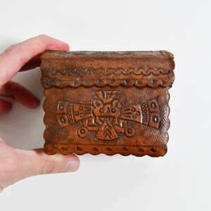 Vintage Handmade Tooled Leather and Wood Trinket Box Peru Inca Design ...
