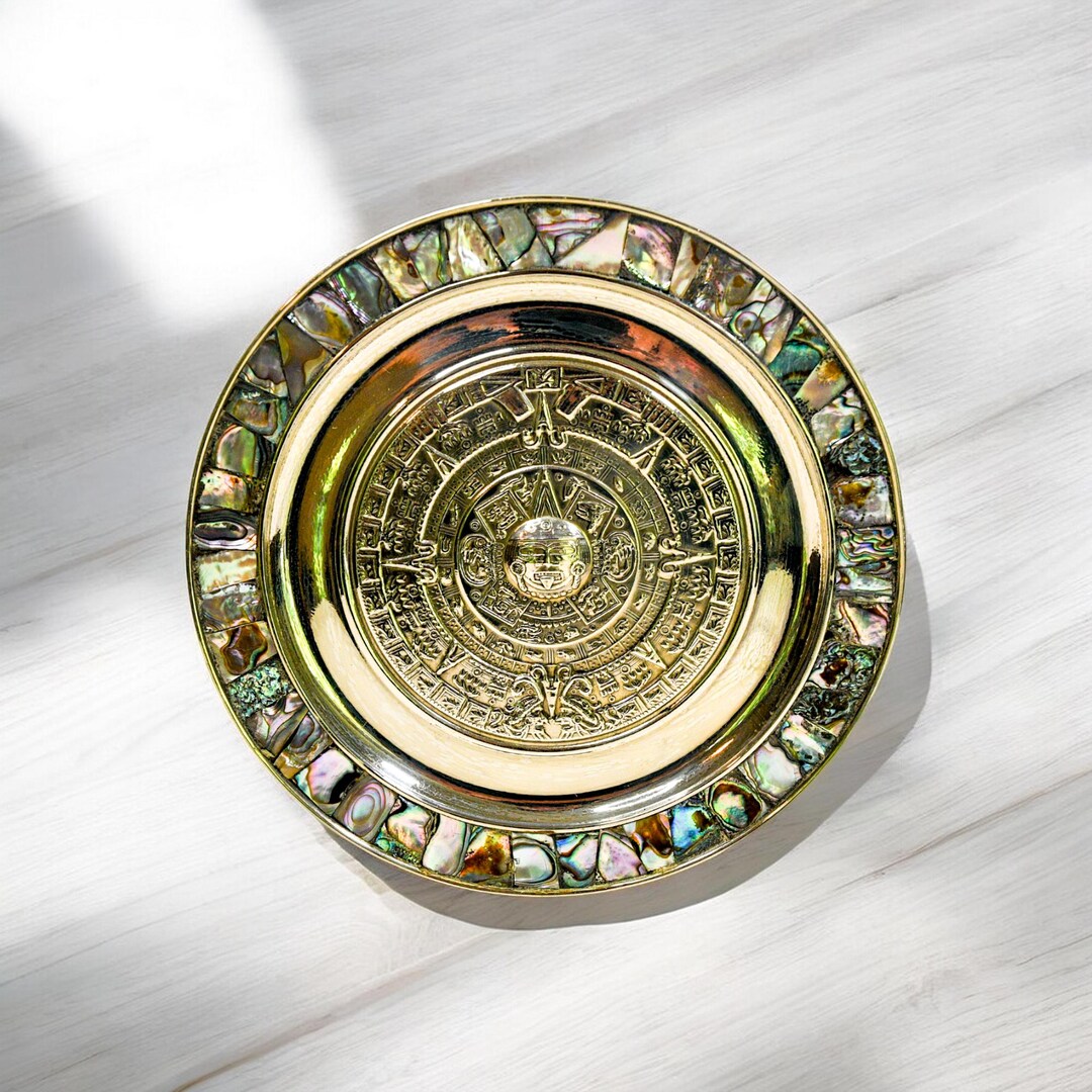 Alpaca Silver Aztec Calendar Plate With Abalone Shell Inlay, Vintage ...