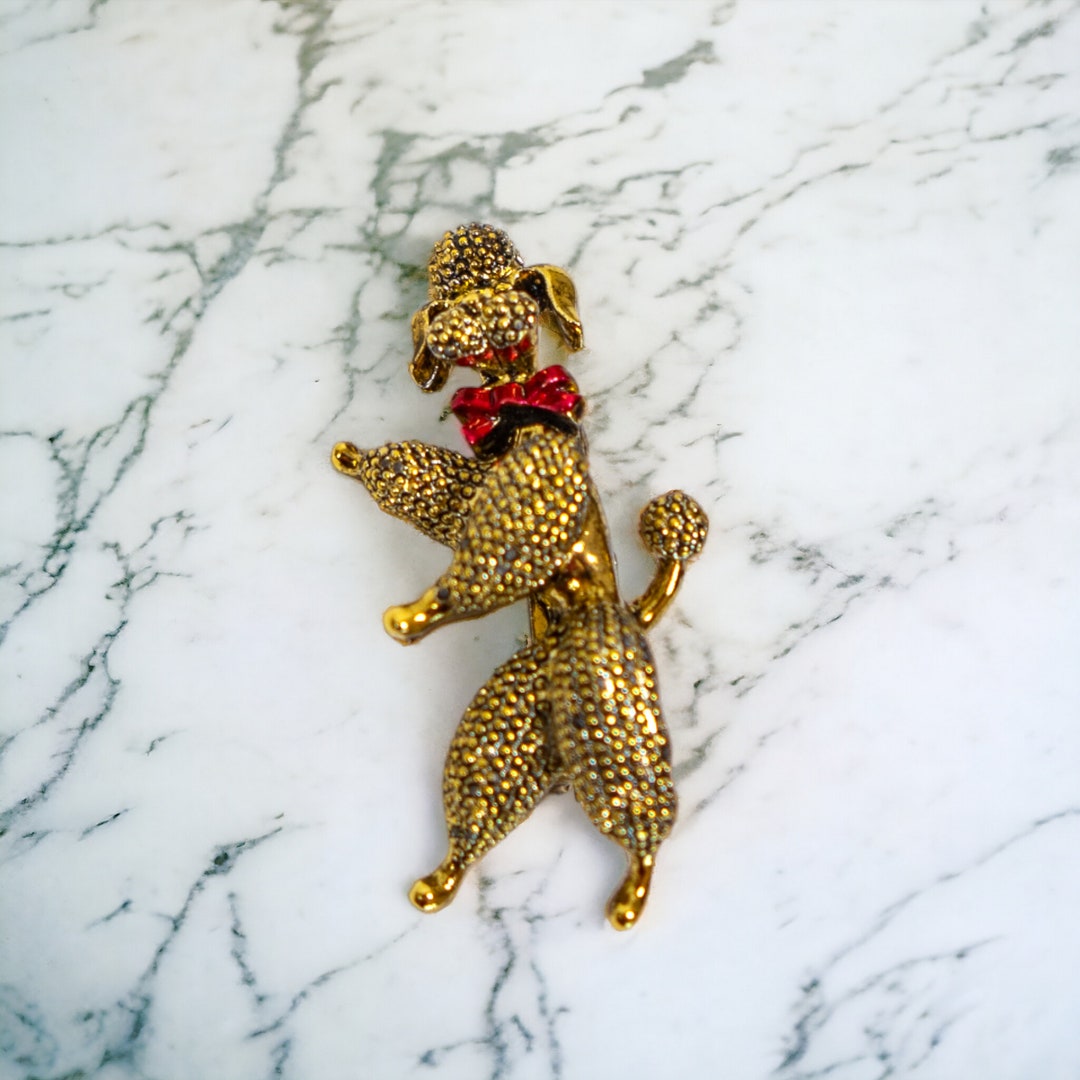 Vintage Dancing Poodle Dog Brooch Pin Red Enamel Bowtie Collar and ...