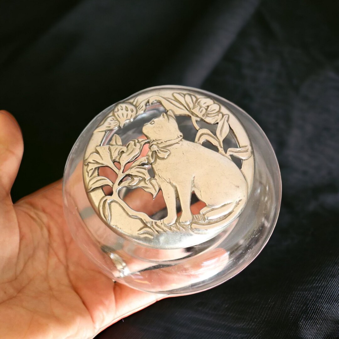 Vintage Potpourri Jar Signed Seagull Pewter Cat Lid Glass Potpourri Jar ...