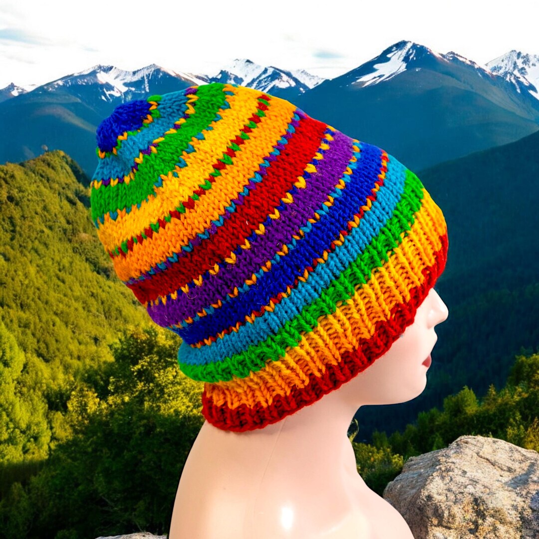 Rainbow Nepal Hand Knit 1990s Beanie Skull Ski Wool Fleeced Hat - Etsy