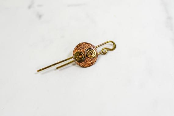 Handmade Modernist Brass and Copper Brooch Pin - Gem