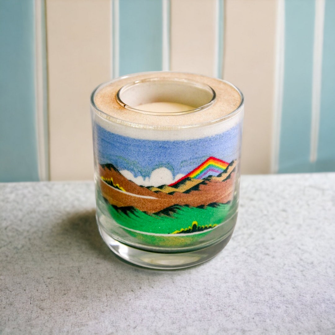 Vintage Sand Art Candle Holder Handmade Sand Mountain Rainbow Landscape ...