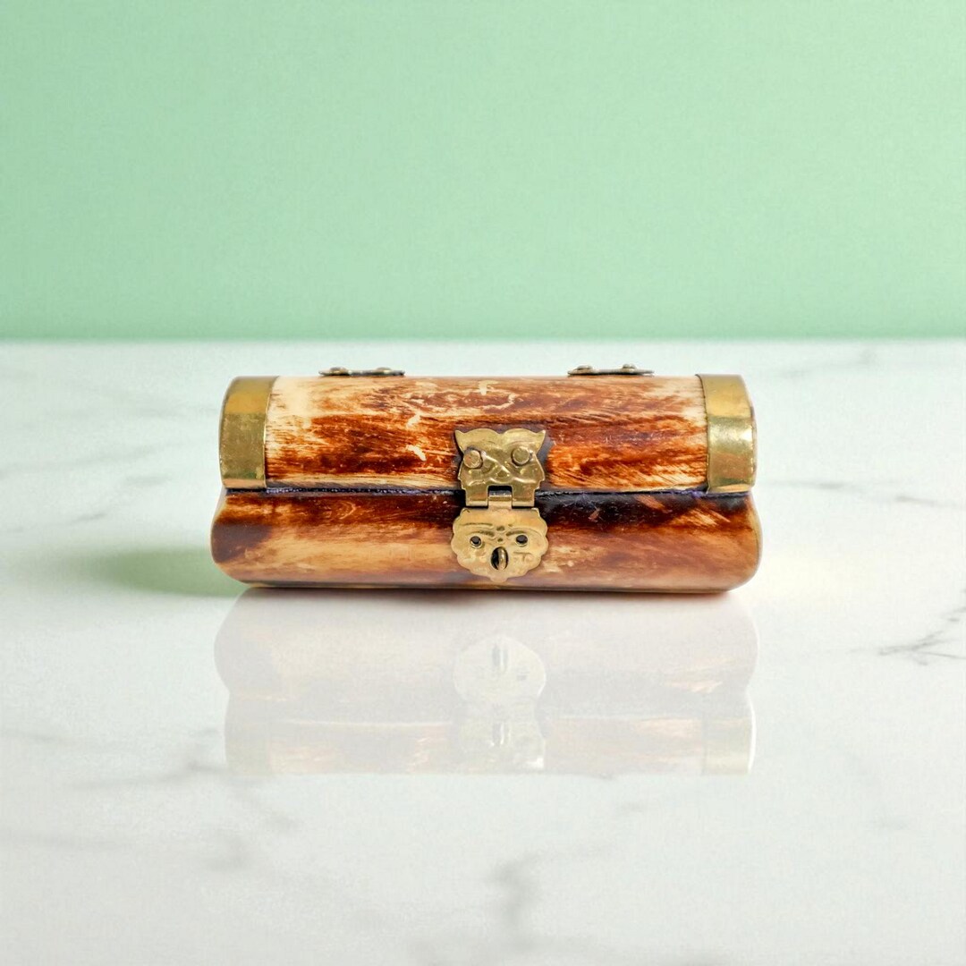 Vintage Rustic Bone and Wood Trinket Box – Brass Hardware, Purple ...