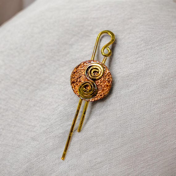 Handmade Modernist Brass and Copper Brooch Pin - Gem