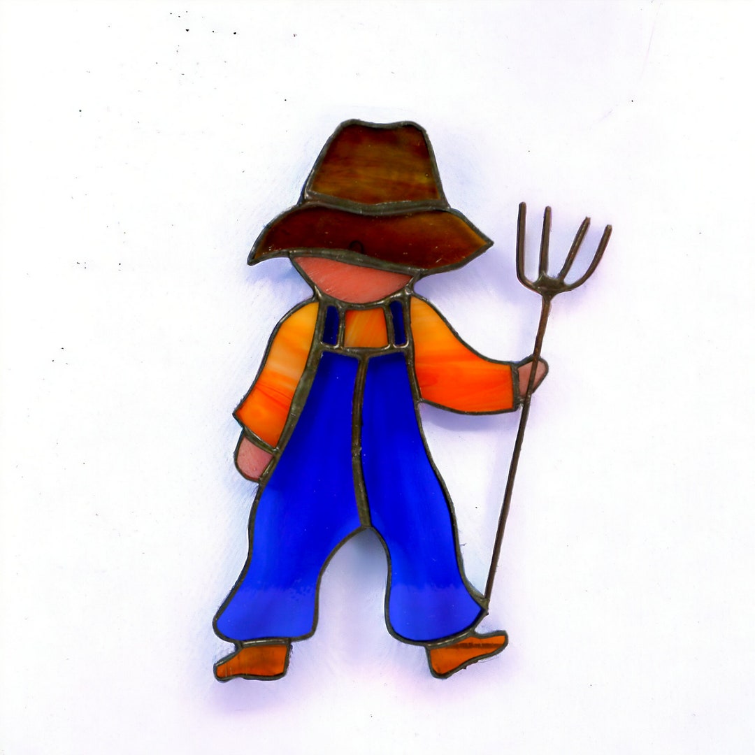 Country Farmer Sun Catcher Stained Glass Window Ornament Vintage ...