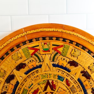 Large Handmade Wood Inlay Mayan Zodiac Calendar Plaque, Vintage Aztec ...