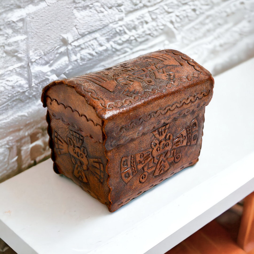Vintage Handmade Tooled Leather and Wood Trinket Box | Peru Inca Design ...