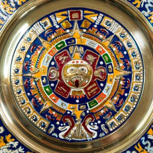 Vintage Brass Aztec Zodiac Wall Plate | Enamel Painted Mexican Souvenir ...