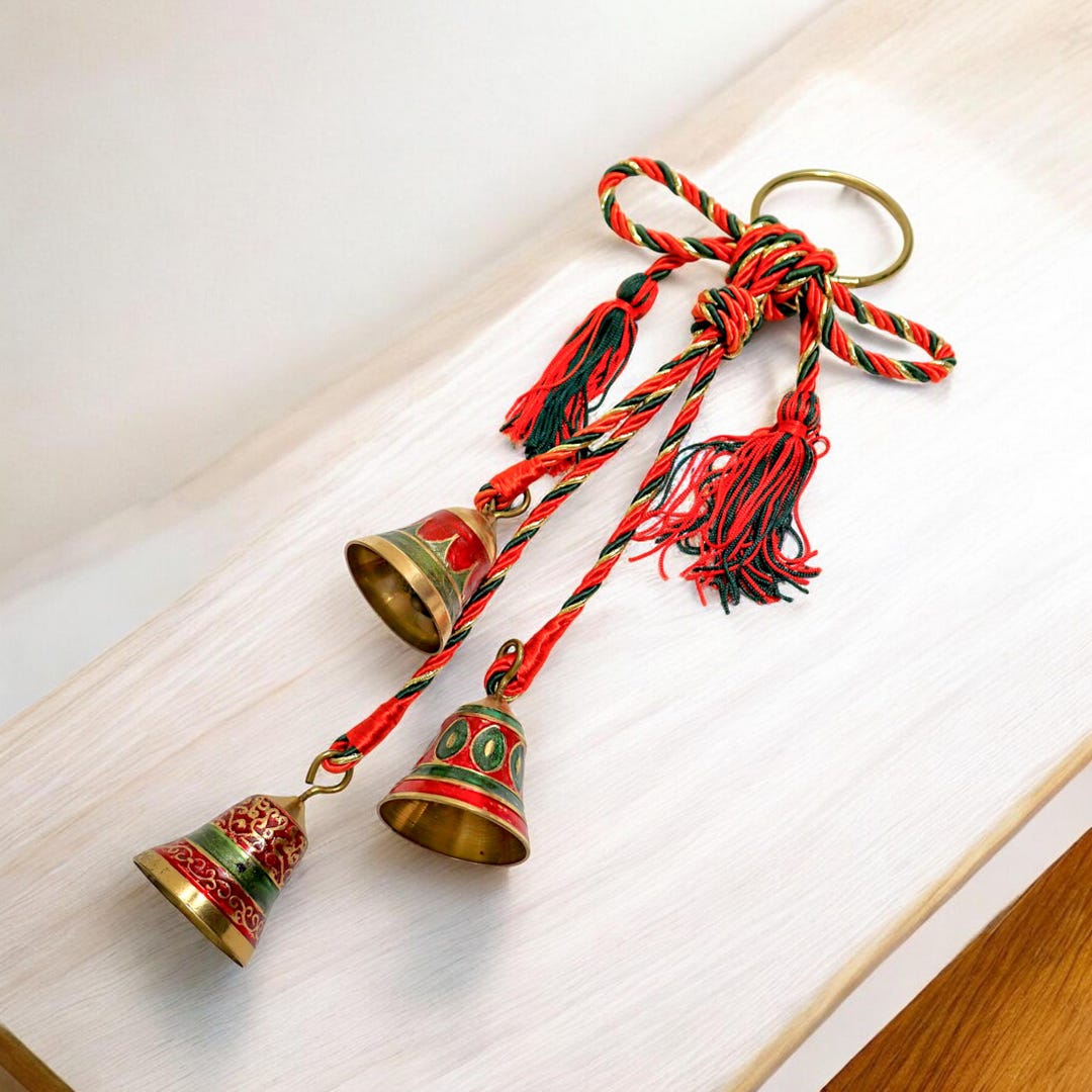 Vintage Brass Bells on a Rope, Christmas Wall or Door Hanging, Red and ...