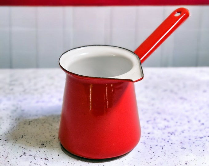 Vintage Enamel Cezve | Small Turkish or Greek Coffee Pot Pitcher | Red ...