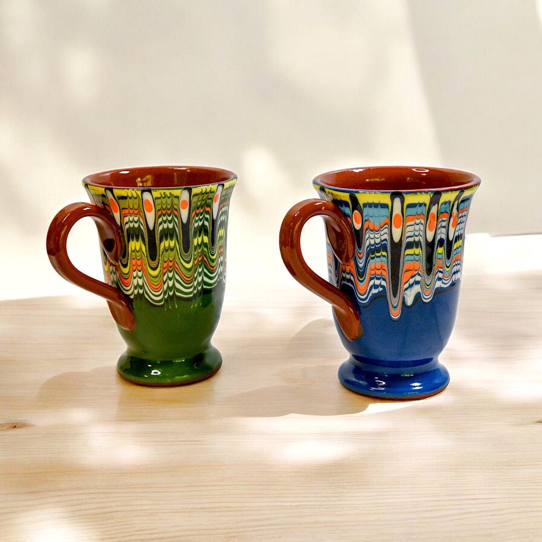 Vintage Bulgarian Pottery Mug Set of 2 Handmade Redware Coffee Cups - Etsy
