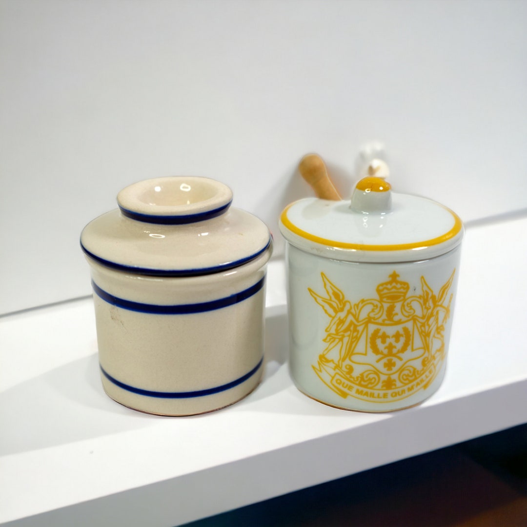 Miniature Ceramic Jars Vintage Mini French Butter Crock and Mustard Jar ...