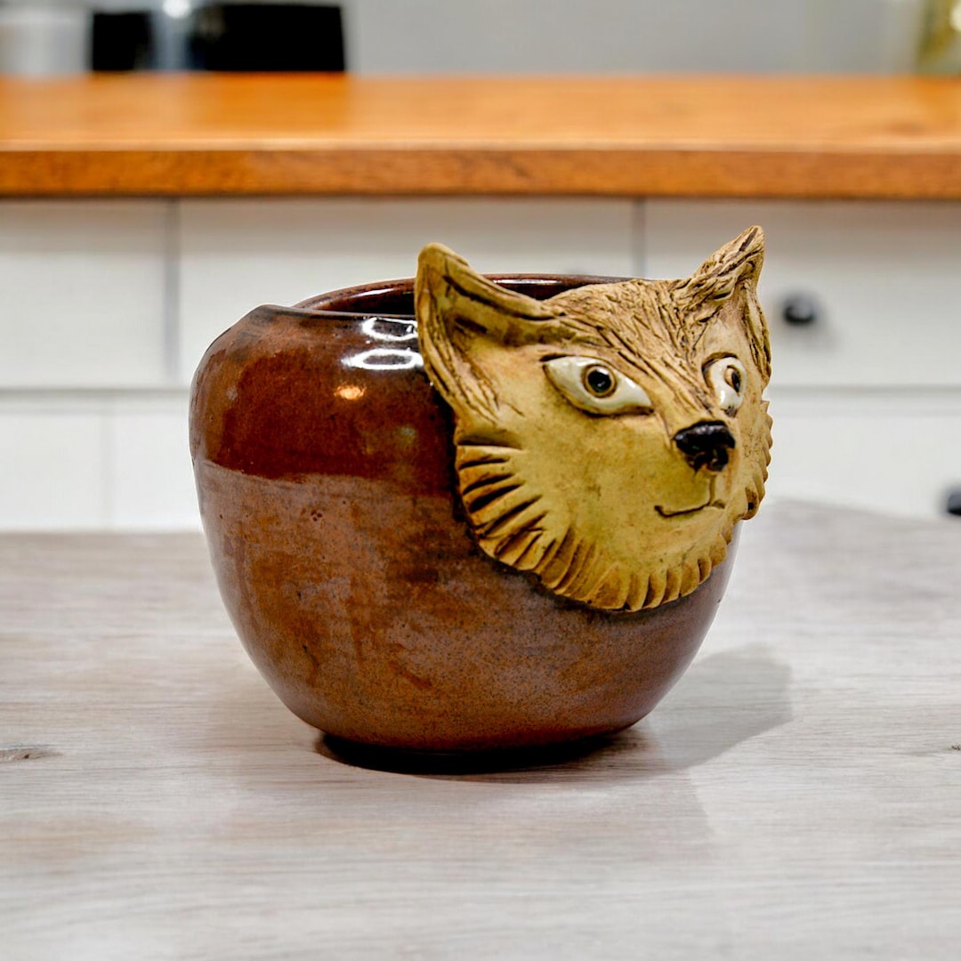 Pottery Fox Planter Vintage Handmade Hand Sculpted Clay Animal Face ...