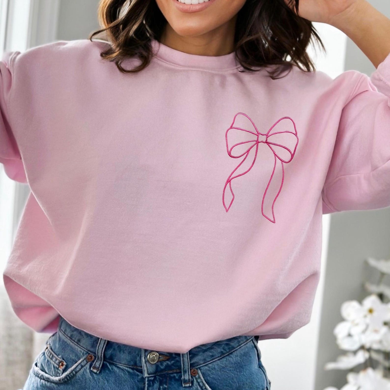 Bow Embroidered Sweatshirt | Embroidered Bow Ribbon Trendy Sweatshirt ...
