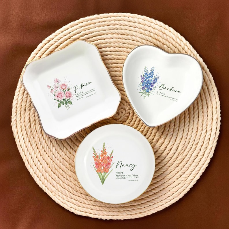 Watercolor Birth Flower Ring Dish for Christian, Faith Jewelry Dish ...