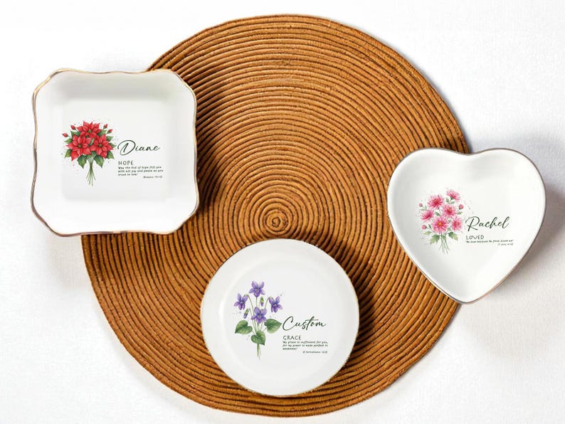 Watercolor Birth Flower Ring Dish for Christian, Faith Jewelry Dish ...