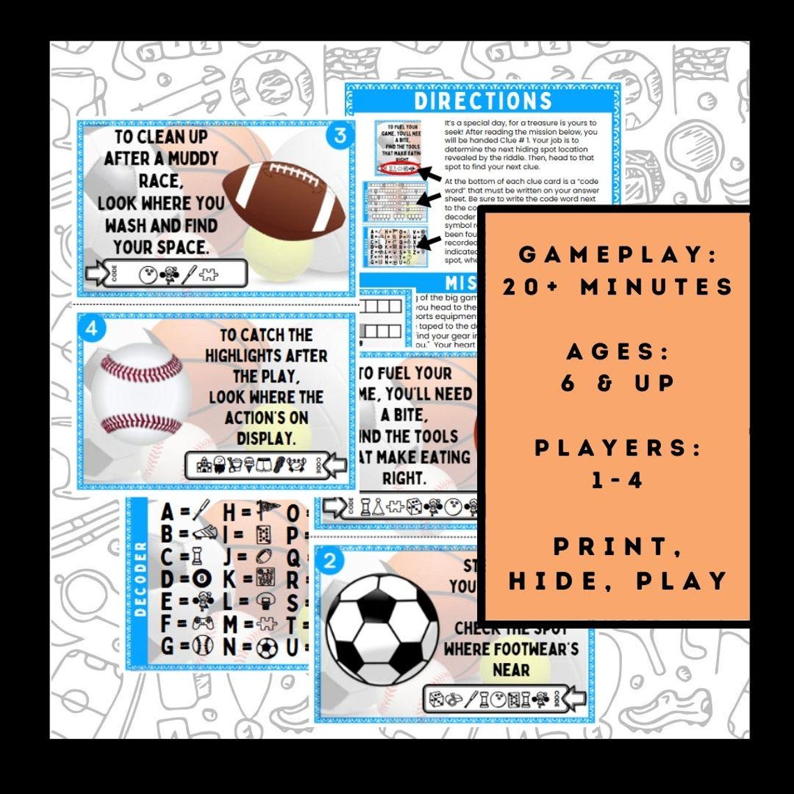 Sports Themed Scavenger Hunt for Kids; Printable Puzzle Game, Indoor ...