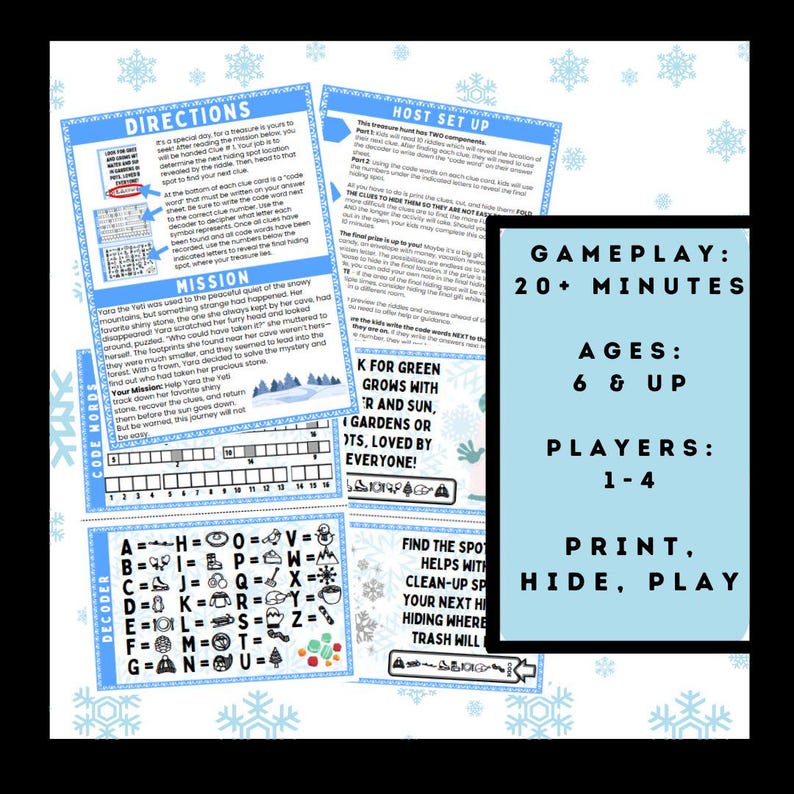 Yeti Winter Christmas Scavenger Hunt for Kids; Printable Puzzle Game ...