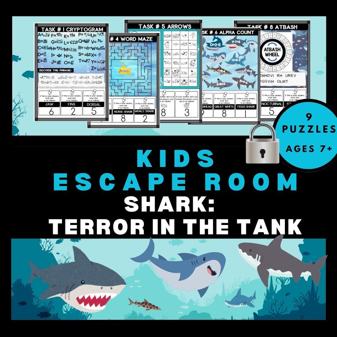 Shark Escape Room for Kids: Printable Puzzle Game (PDF Download) - Etsy