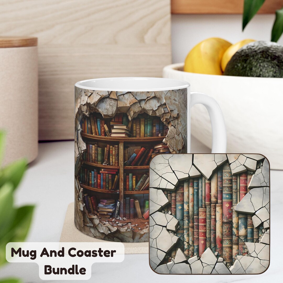 3D Bookshelf Mug & Coaster Set: Unique Book Lover Gift - Etsy