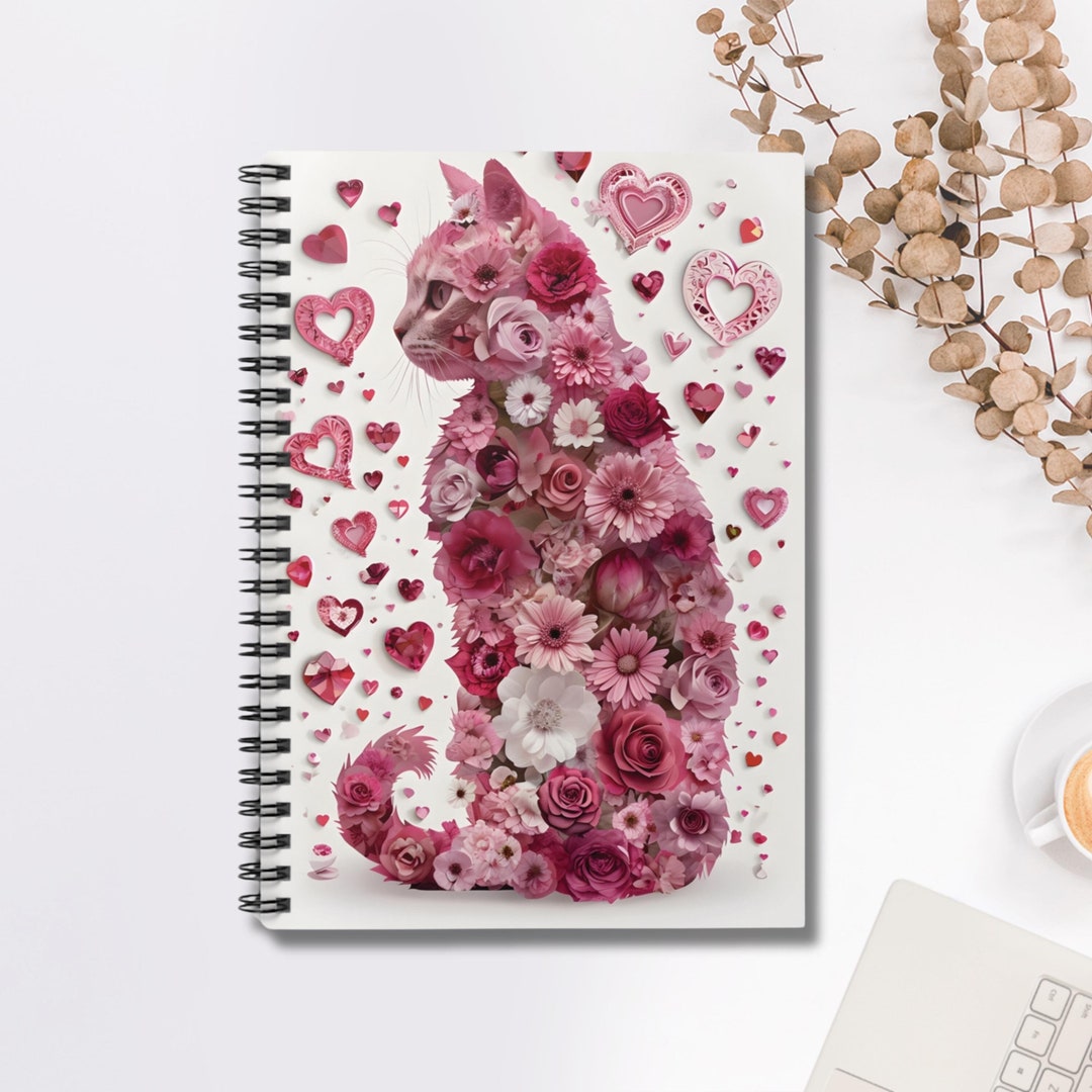 Floral Cat Spiral Notebook,floral Spiral Notebook, Kawaii Notebook ...