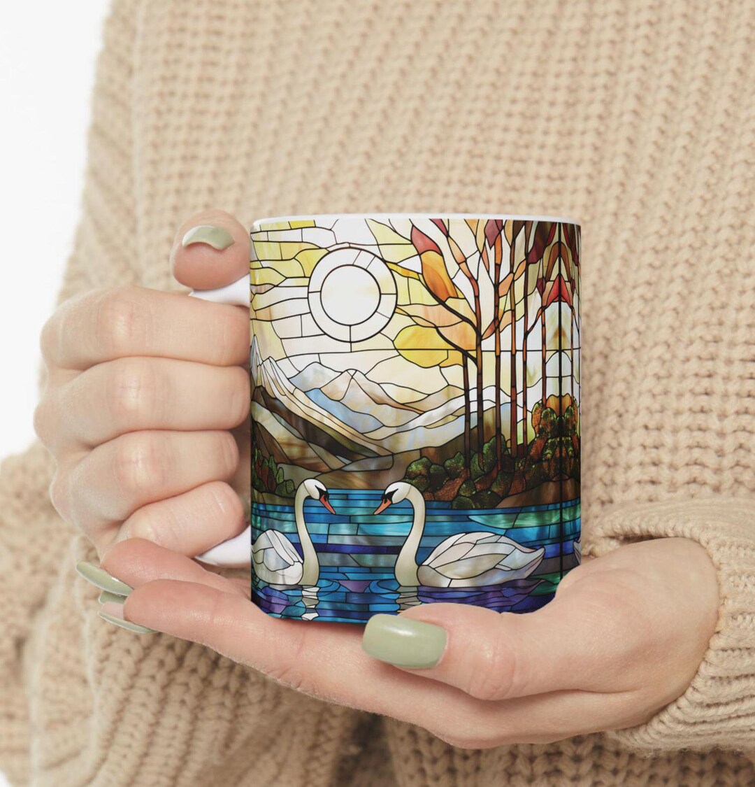 Stained Glass Swan Mug, Vibrant Ceramic Coffee Cup for Nature Lovers ...