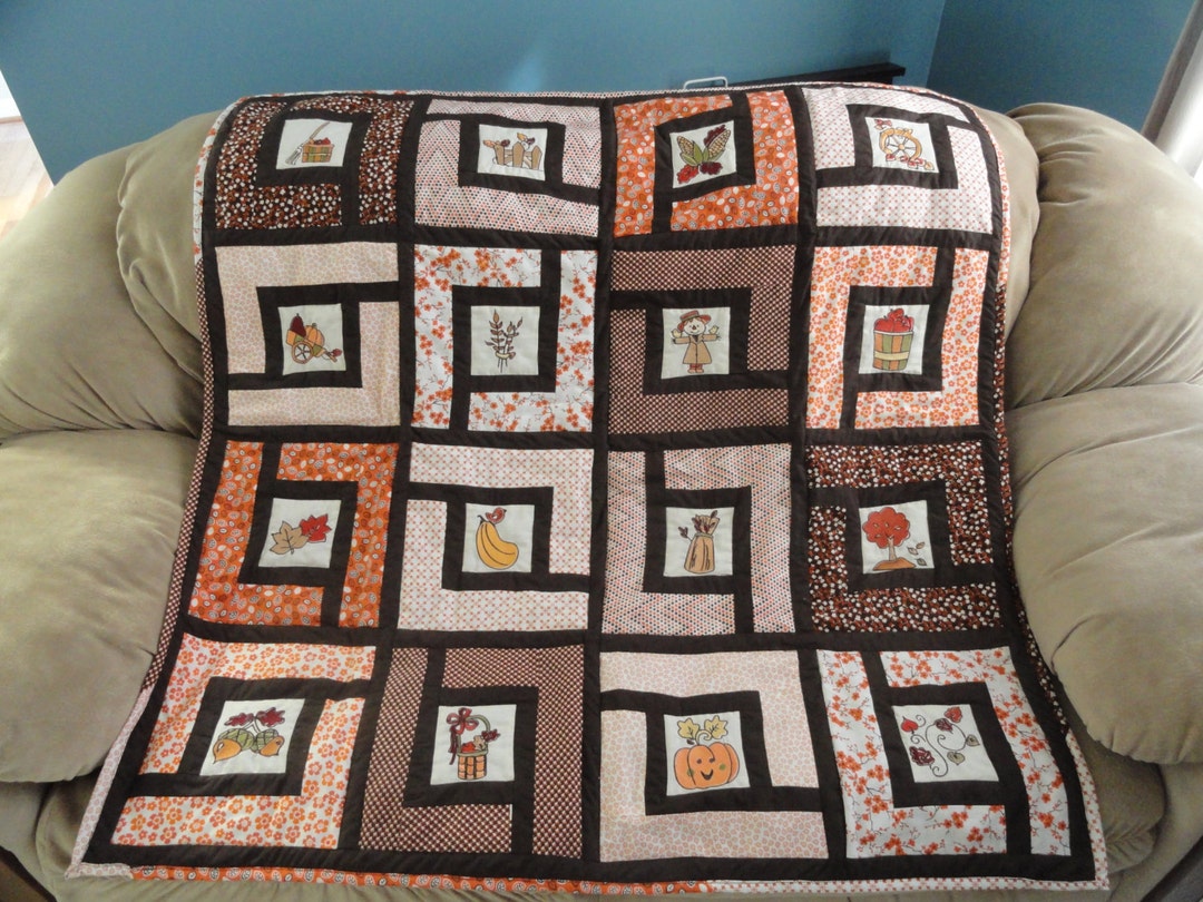 Autumn Quilt With Embroidered Squares lap or Couch Size - Etsy