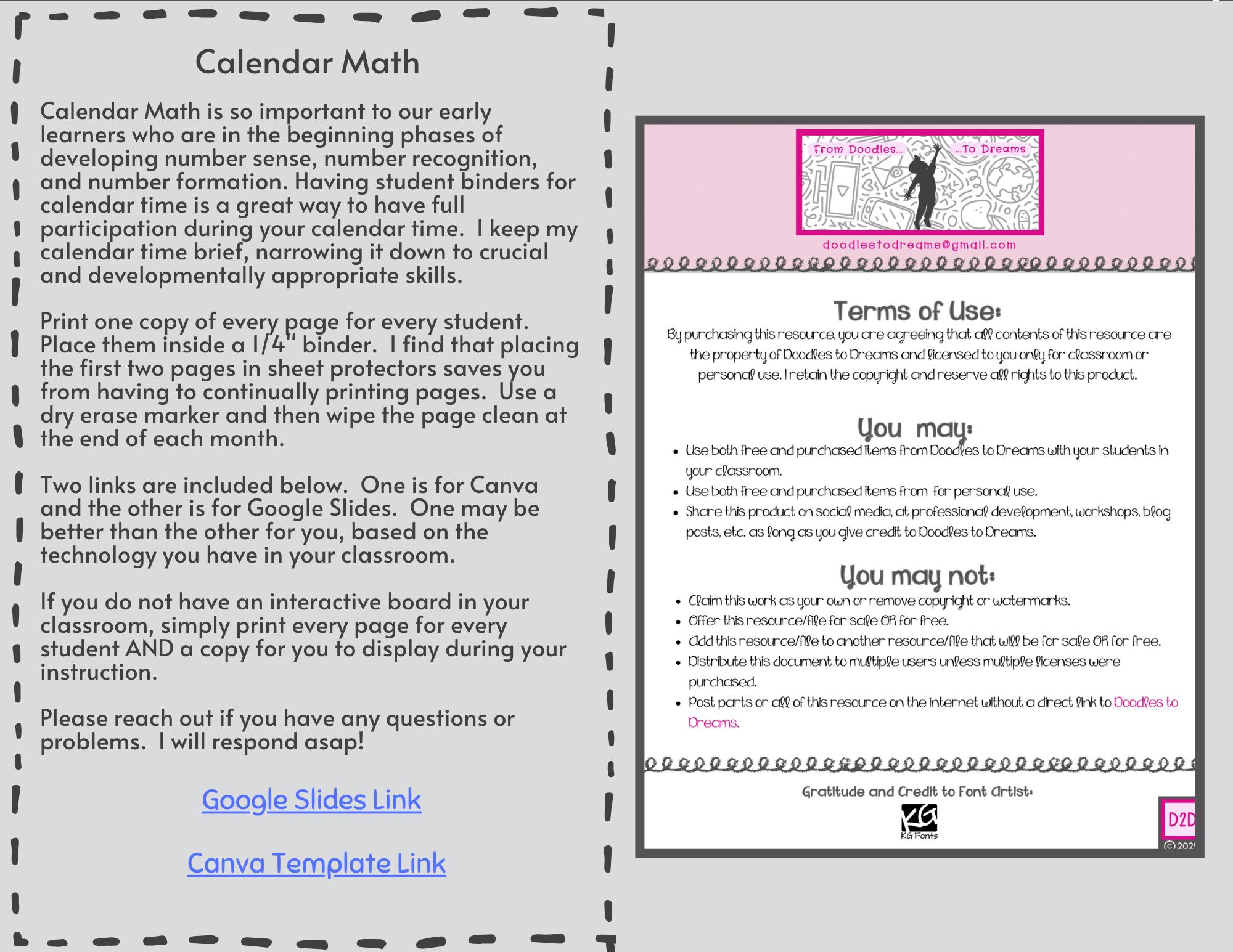 Interactive Calendar Math Student Binder Pages and Links to Canva or ...