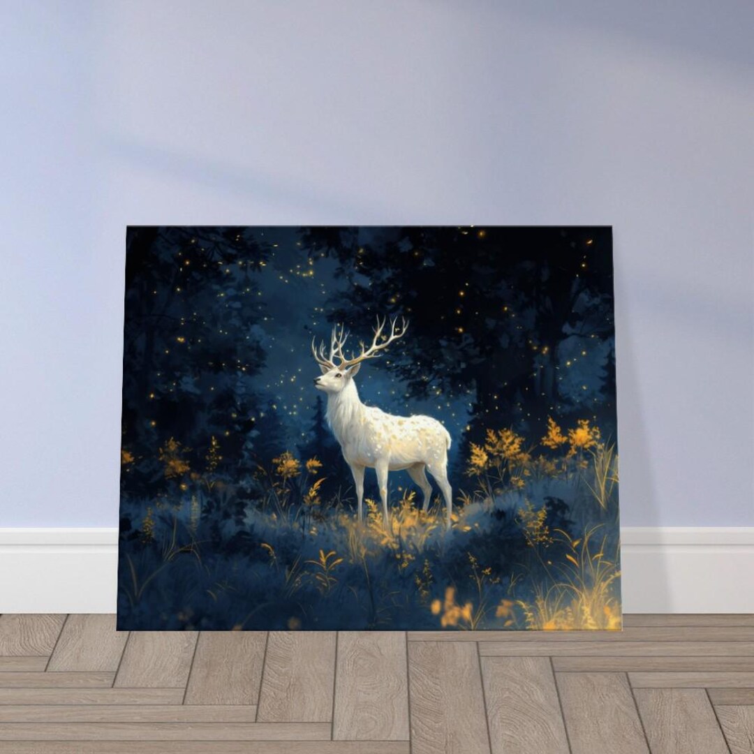 White Mystical Stag Deer Wall Art Canvas, Night Sky, Winter Wonderland ...