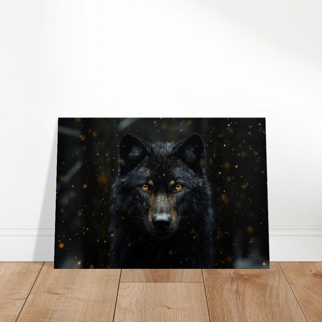 Midnight Wolf Print, Black Dark Wolf, Golden, Magical Fantasy Mystical ...