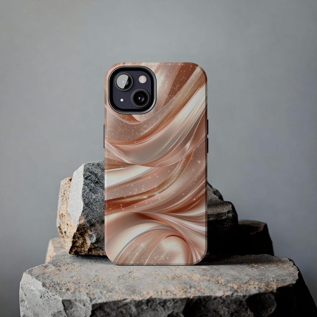 Rose Gold Curvy Stripe Tough Phone Case, iPhone 16, Shimmer Cute ...