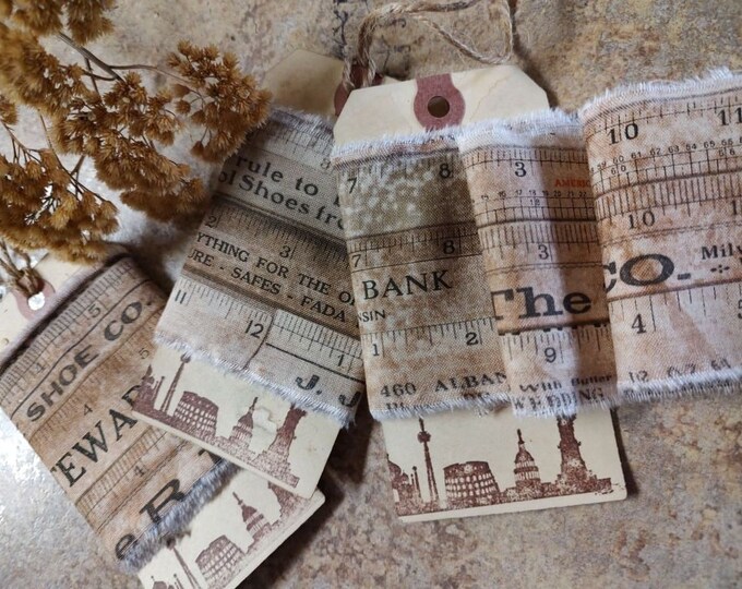 Measuring Tape Trim - Hand Torn Fabric - Hand Stamped Shipping Tag ...