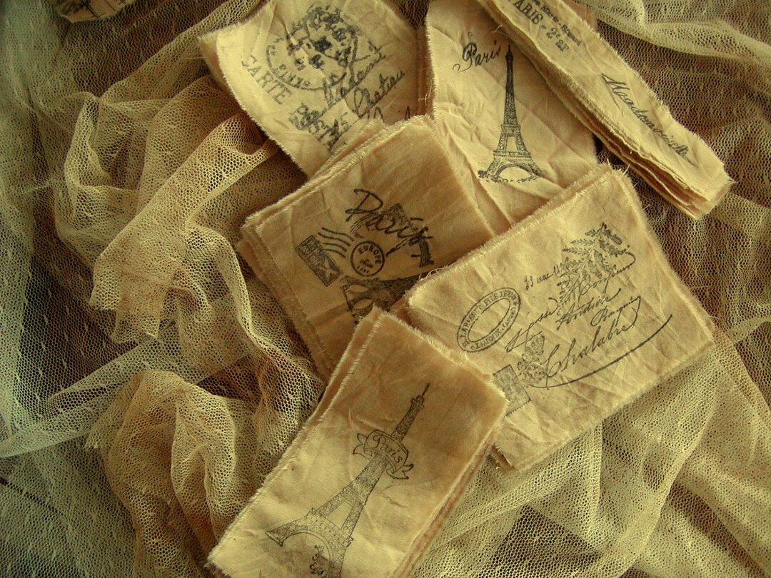 Sampler Pack of 12 French Inspired Hand Stamped Trim - Tea Dyed Muslin ...