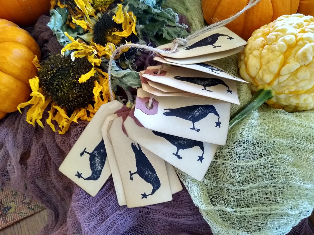 15 Primitive Crow - Small Manila Hang Tags - Hand Stamped Black Crow ...