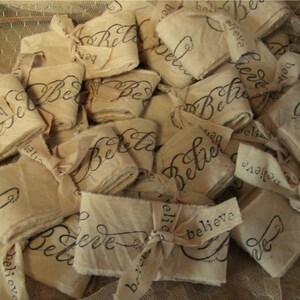 BELIEVE 2 Yards Tea Dyed Hand Stamped Ribbon Trim Natural Muslin ...