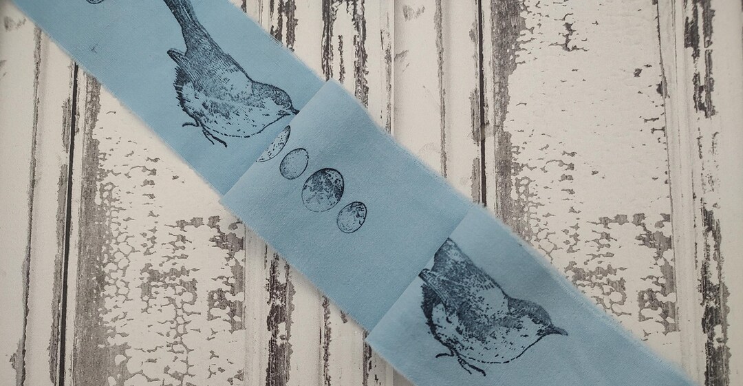 Sweet Little Sparrow on Medium Blue Hand Stamped Trim 1 Yard Long X 2.5 ...