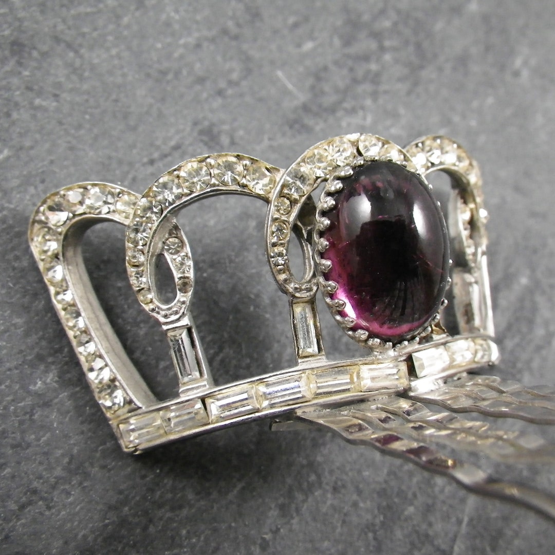 A Vintage Small Bun Tiara With Rhinestones and Purple Center Stone ...