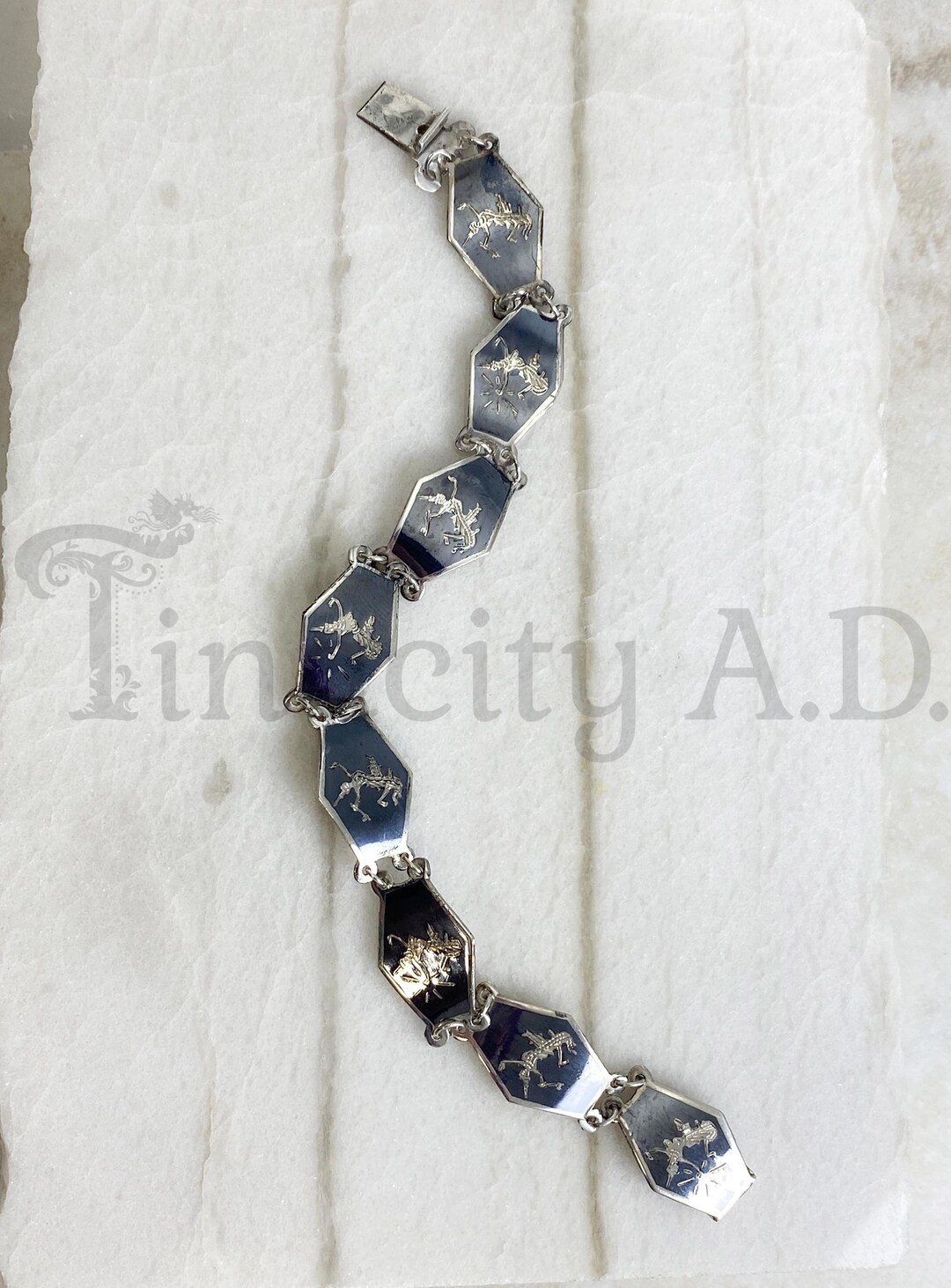 A Vintage 1960's Era Sterling Silver Siam Bracelet Featuring Hexagonal ...