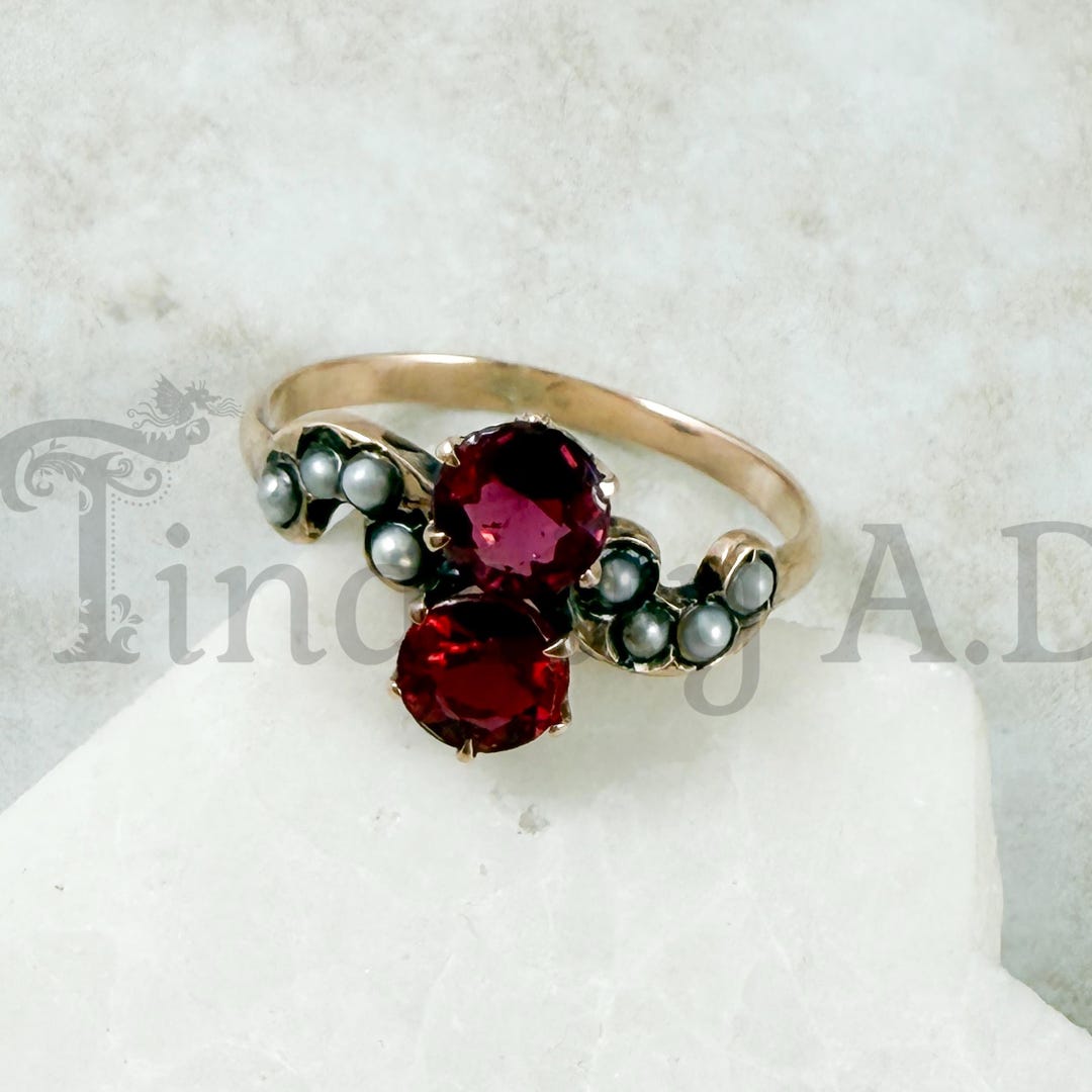 Antique Edwardian Bypass Ring, 10k Gold With Two Ruby Doublets and Seed ...