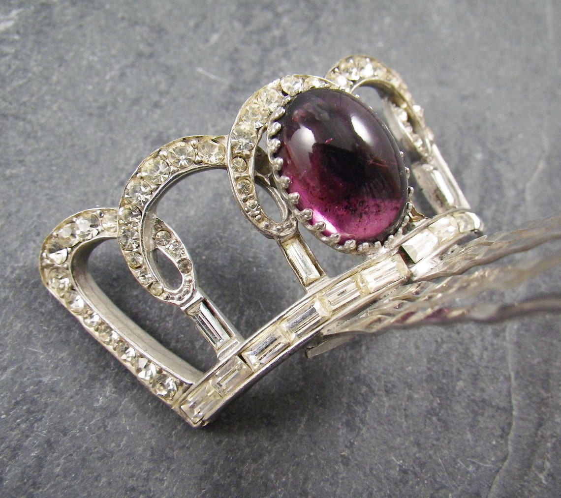 A Vintage Small Bun Tiara With Rhinestones and Purple Center Stone ...