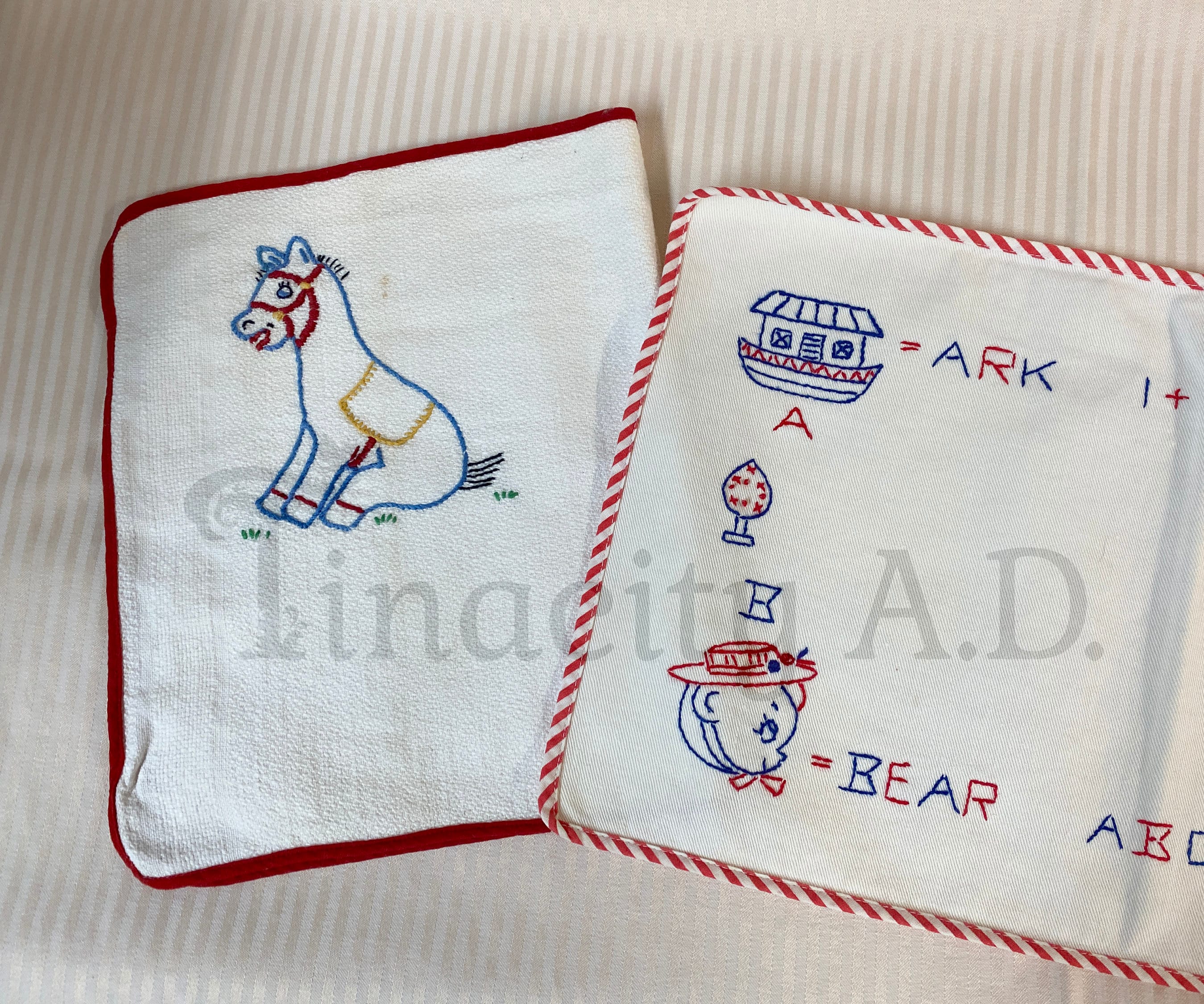 Two Sweet Vintage Hand Embroidered Baby-burping Cloths, White Cotton ...