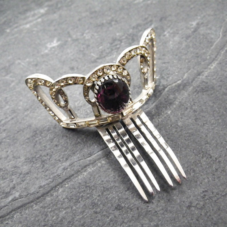 A Vintage Small Bun Tiara With Rhinestones and Purple Center Stone ...