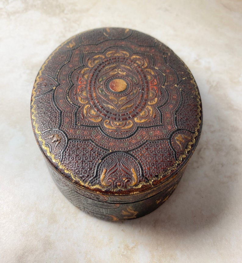 Beautiful Antique Embossed/tooled Leather Oval Container With - Etsy