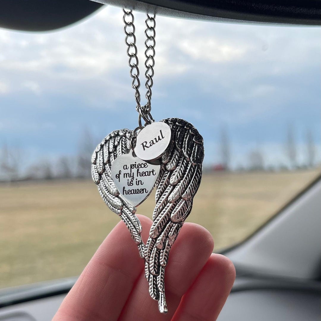 Custom Name Memorial Angel Wings Car Charm – “A Piece of My Heart is in ...